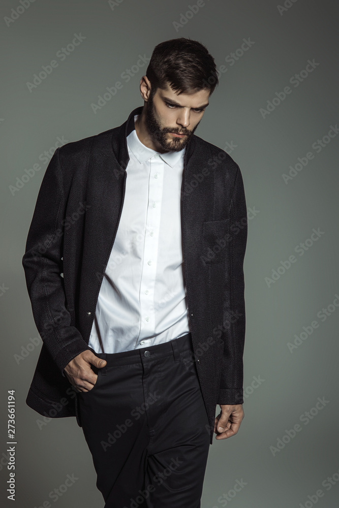 Muscle strong bearded face beautiful stripped male model in formal look ...