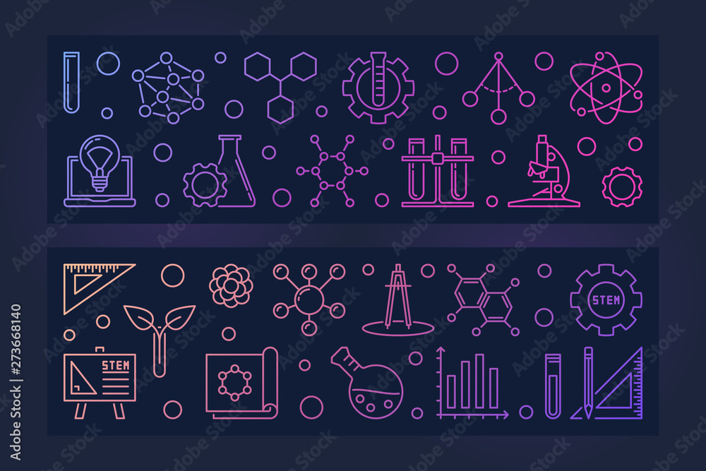 Set of 2 STEM Education vector concept colored linear banners with dark ...