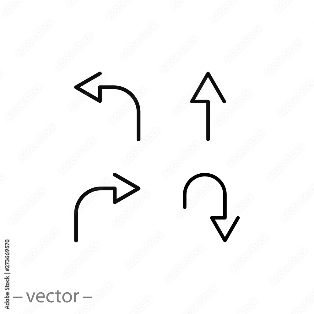 set of arrows icons, movement in the left, right, up, backward, arrow pointer line sign on white ...