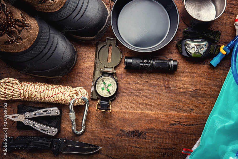 Outdoor travel equipment planning for a mountain trekking camping trip ...