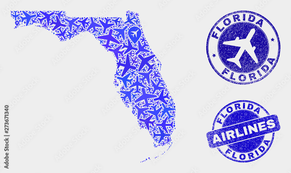 Aircraft vector Florida State map composition and scratched watermarks ...