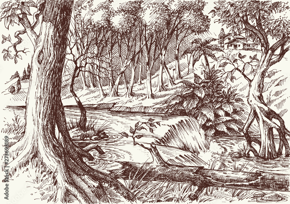 Deep forest hand drawing, artistic nature background Stock Vector ...