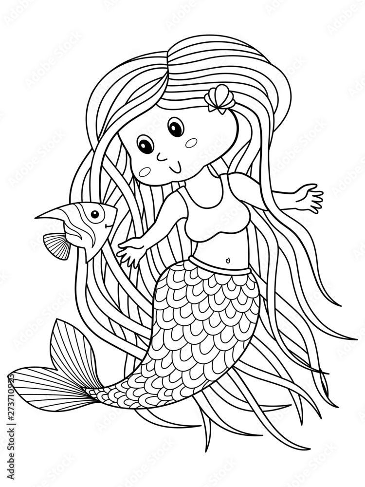 Cute mermaid doodle coloring book page for adult Stock Vector | Adobe Stock
