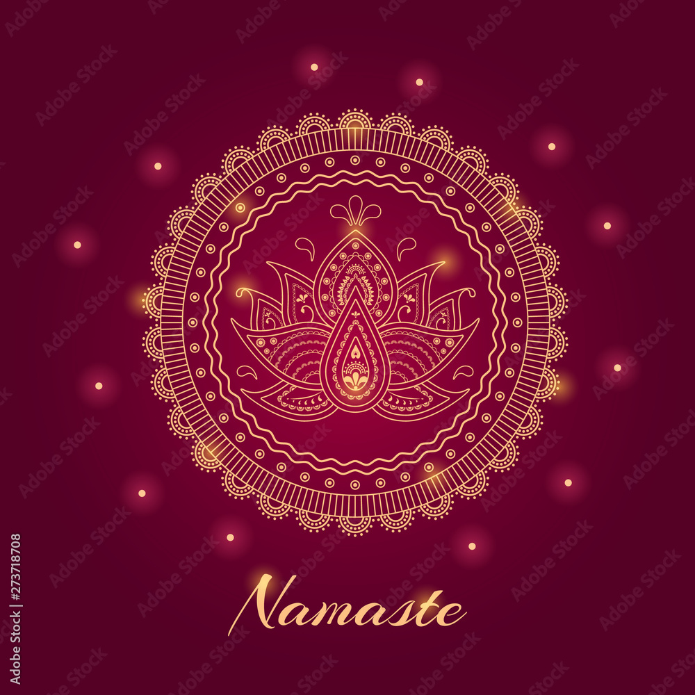 Line art mandala with lotus illustration. Ethnic folk ornament on red ...