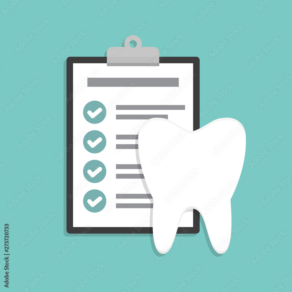 Dental check. Clipboard with checklist and tooth in a flat design Stock ...