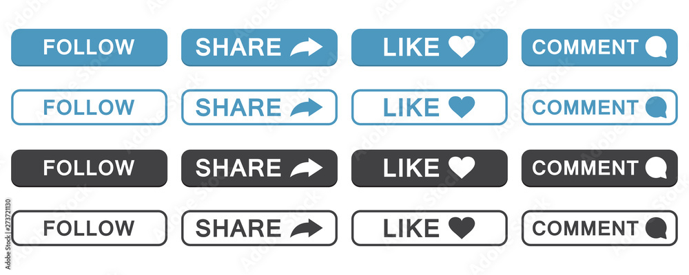 Set of follow, share, like, comment button icon in a flat design Stock ...