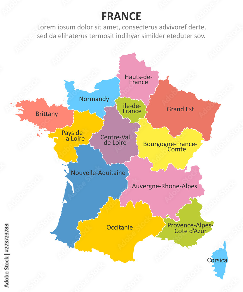 France multicolored map with regions. Vector illustration Stock ...