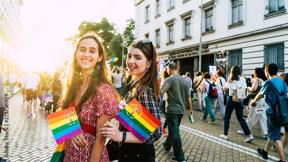 Sofia / Bulgaria - 10 June 2019: smiling Girls in LGBT parade with ...