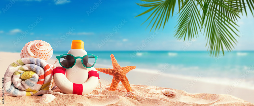 Sunblock Bottle on the tropical beach and sunshine Stock Photo | Adobe ...