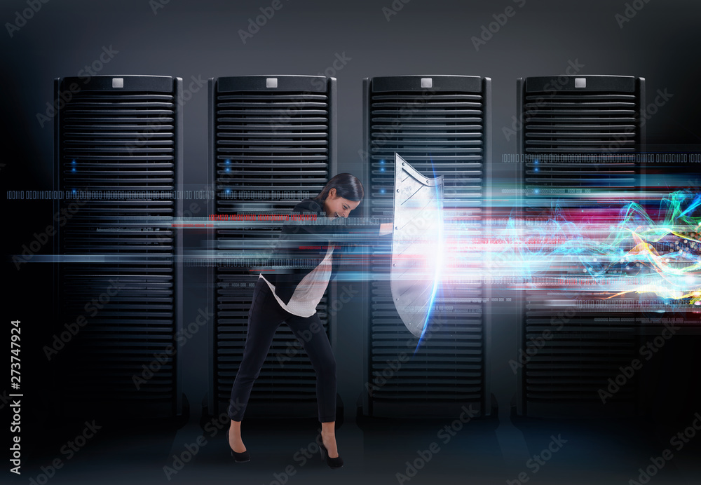 Concept of safety in a data center room with database server. Woman ...
