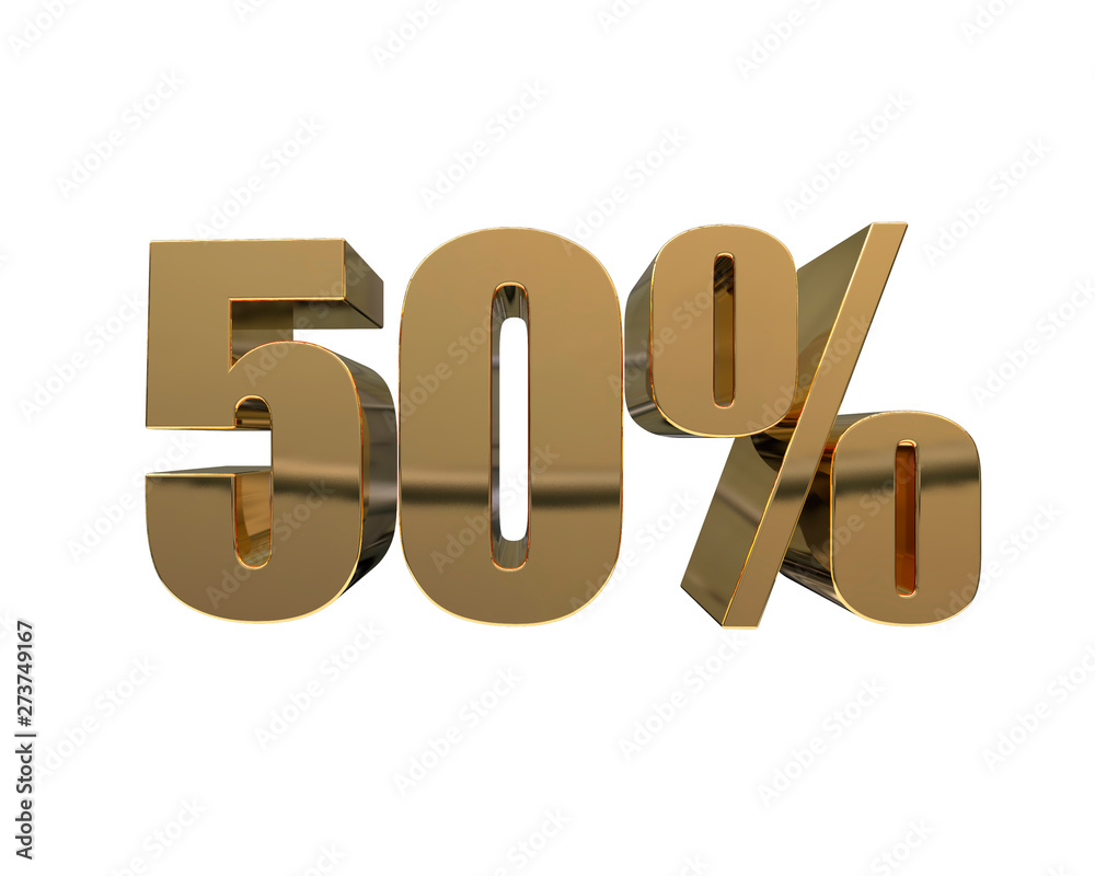 Flying Rotating Golden Fifty Percent (50%). Realistic Isolated 3D ...