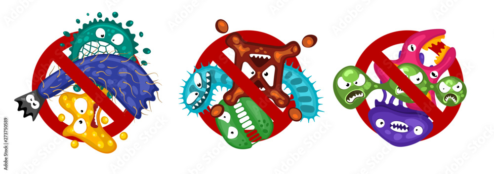 Stop spread virus symbol set. Cartoon germ characters isolated vector ...