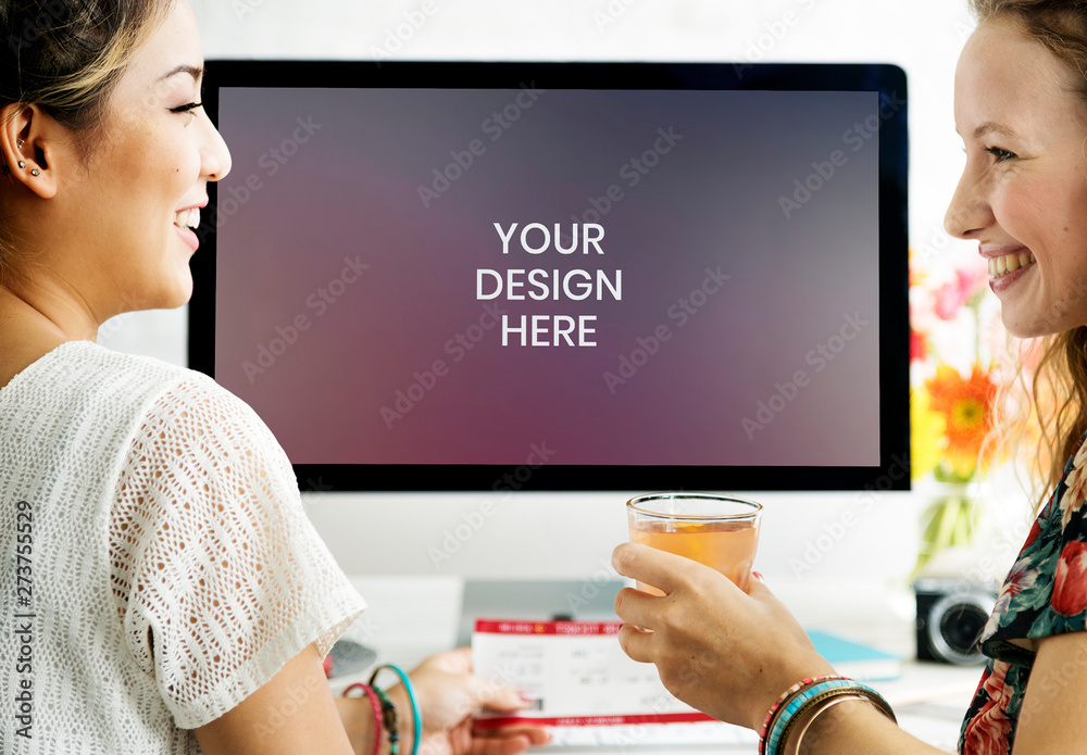 Two People Laughing near Computer Mockup Stock Template | Adobe Stock