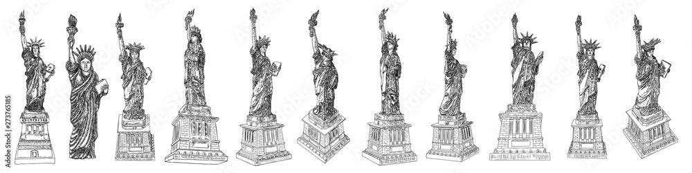 US Statue of Liberty set drawing. USA New York city famous tourist ...