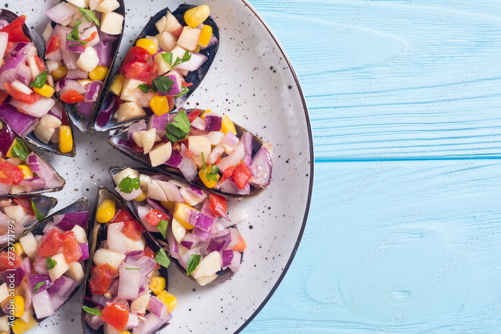 Traditional Peruvian food background with mussels Stock Photo | Adobe Stock