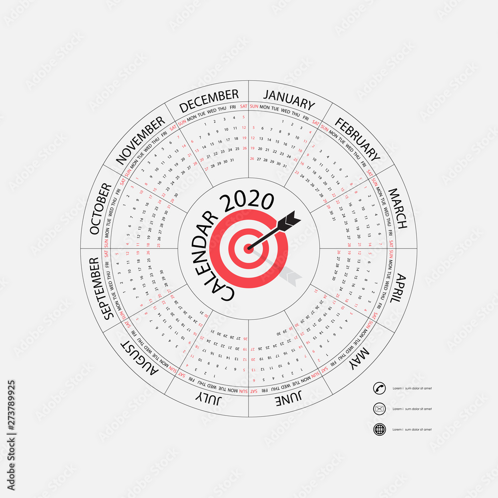 2020 Calendar Template.Circle calendar template.Calendar 2020 Set of 12 ...