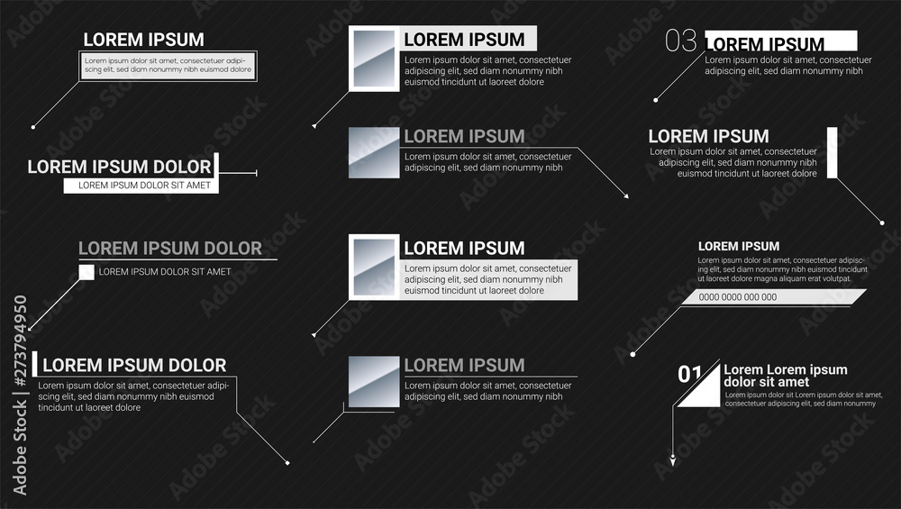 Digital information labels on black background. Callouts titles. Modern ...