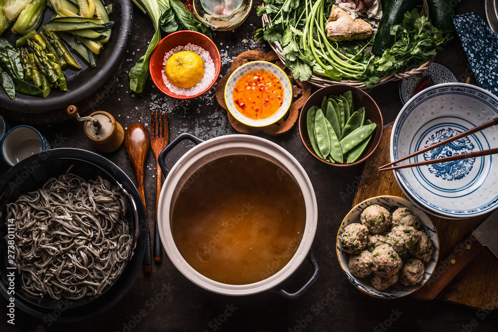 Various asian food ingredients for tasty soba noodles soup around ...