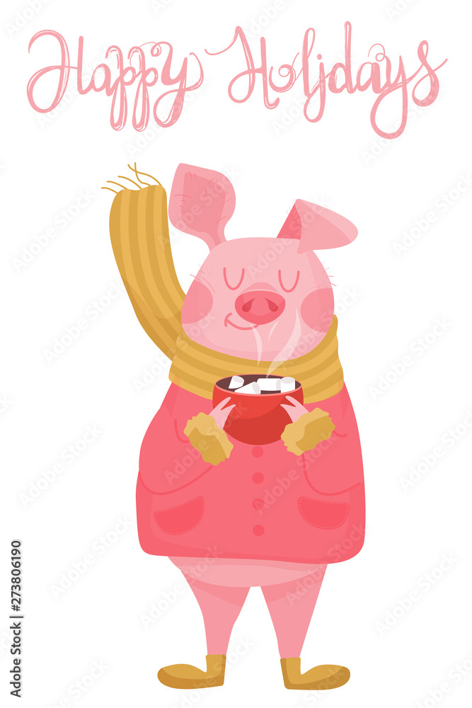 New Year greeting card with funny pig and hand drawn lettering. Cute ...