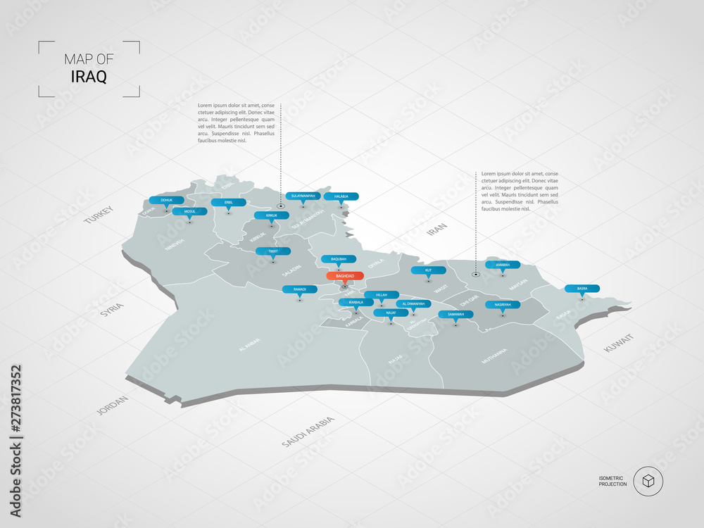 Isometric 3D Iraq map. Stylized vector map illustration with cities ...