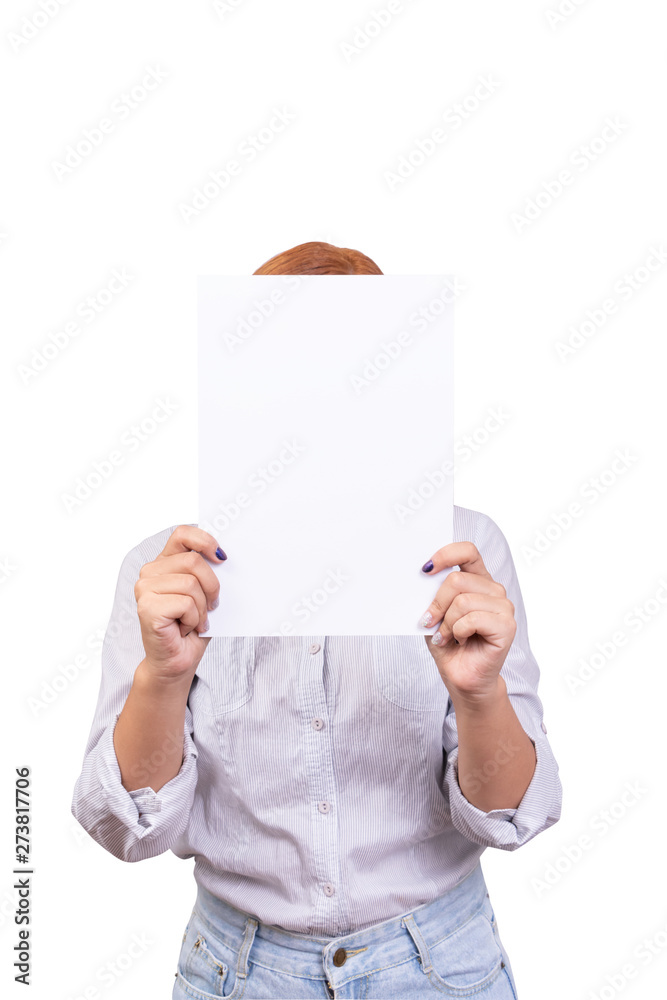 business woman holding with white blank empty paper cover her face ...