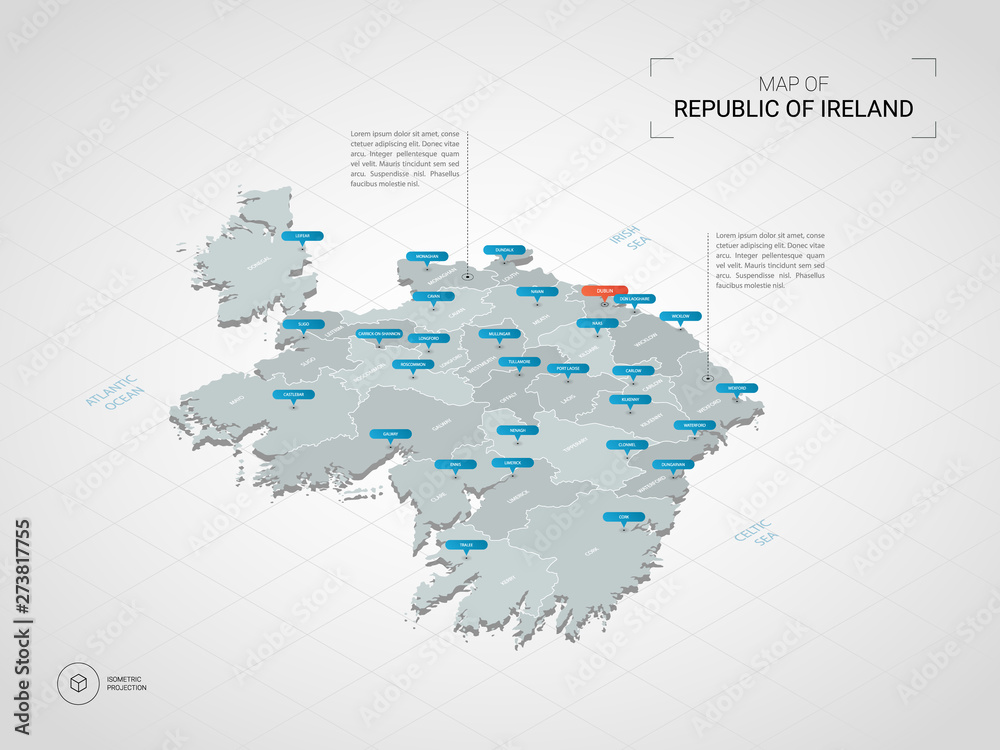 Isometric 3D Republic of Ireland map. Stylized vector map illustration ...