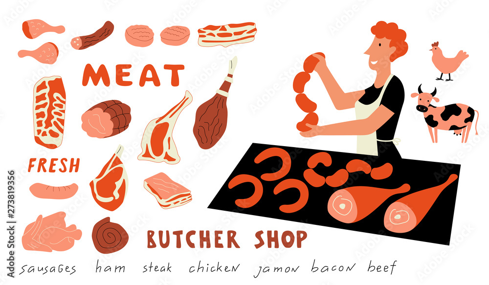 Meat funny doodle set. Cute cartoon woman, food market seller with farm ...