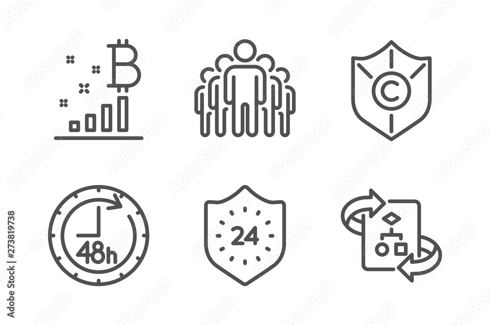 24 hours, Copyright protection and Bitcoin graph icons simple set. 48 hours, Group and Technical ...