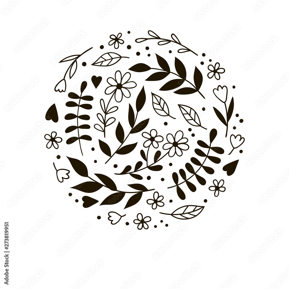 Delicate doodle background of flowers, twigs and leaves. Vector black ...
