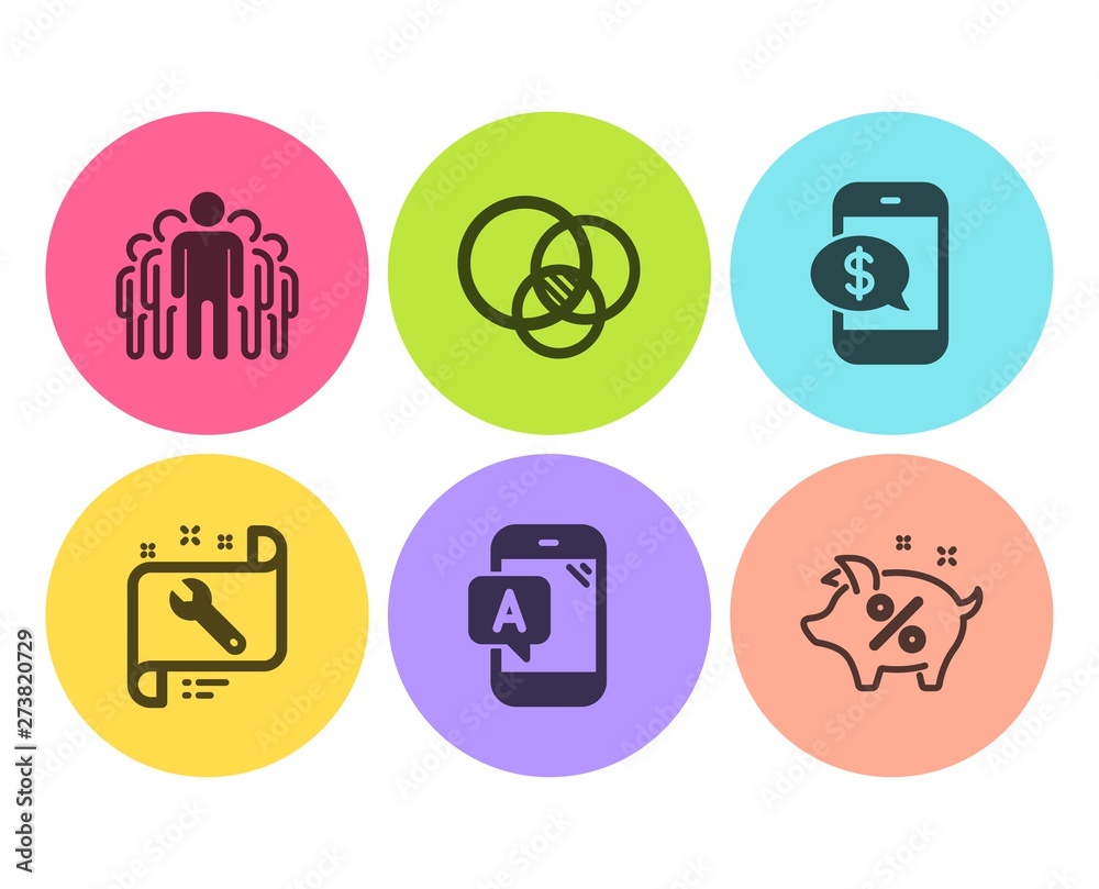 Euler diagram, Ab testing and Phone payment icons simple set. Spanner ...