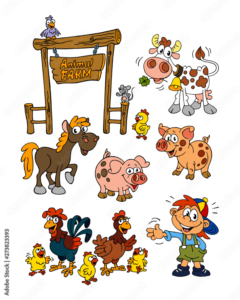 Animal farm, cow, horse, pig, poultry and little cowboy, color cartoon ...