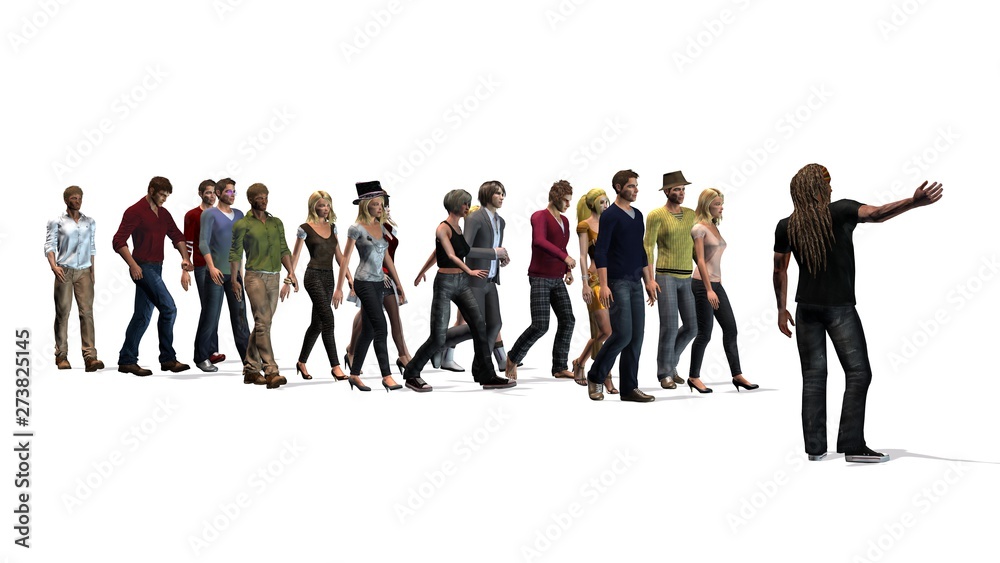 People - a group of women and men following the direction of a man ...