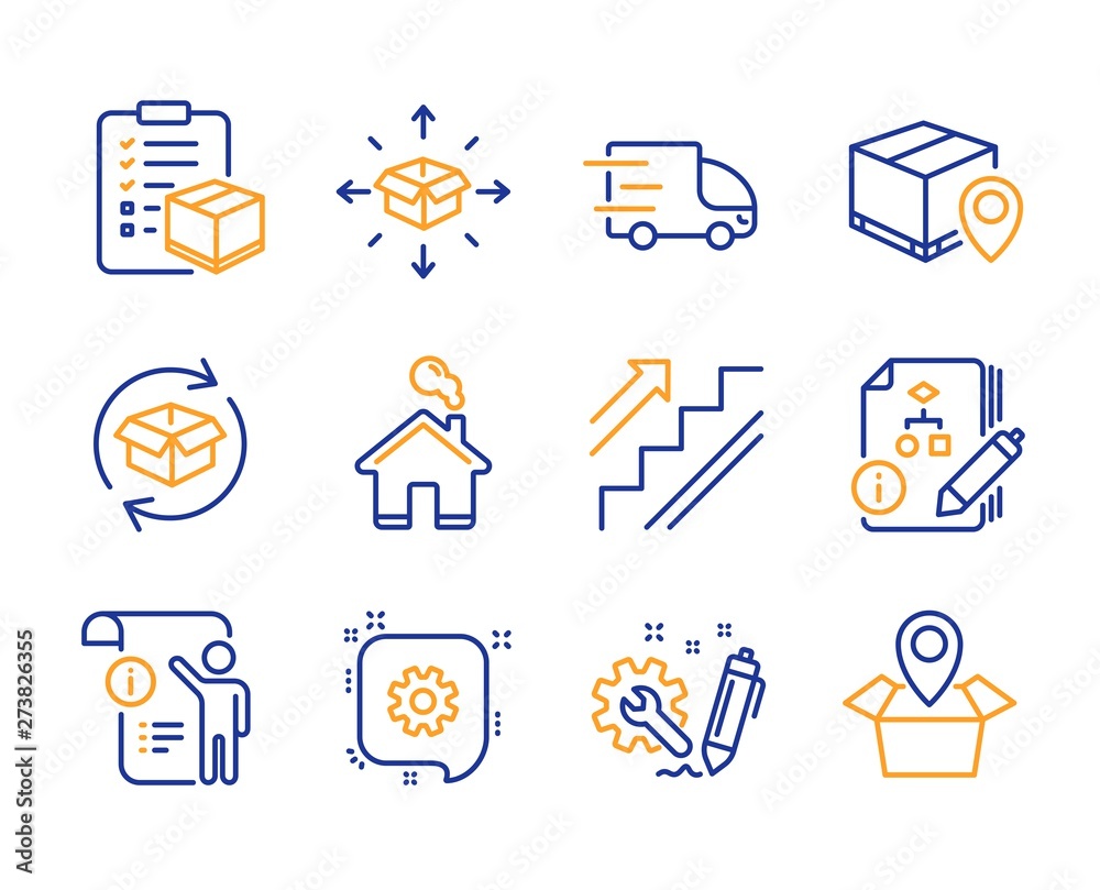Return parcel, Algorithm and Stairs icons simple set. Manual doc ...