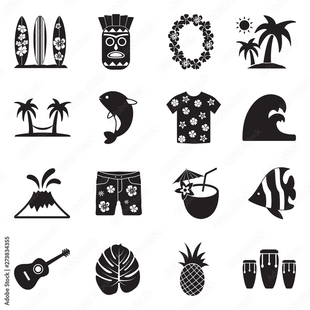 Hawaii Icons. Black Flat Design. Vector Illustration. Stock Vector ...