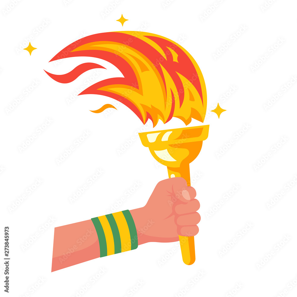 Hand with flaming torch. Sports concept victory. Winner holding olympic ...