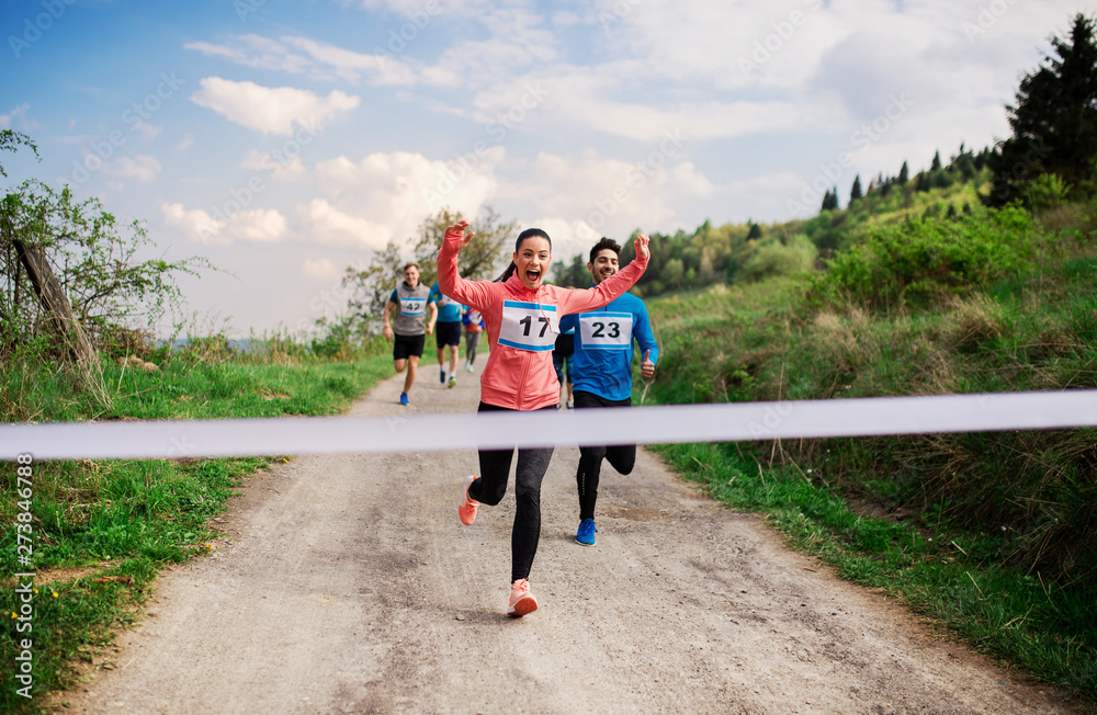 Large group of people running a race competition in nature. Stock Photo ...