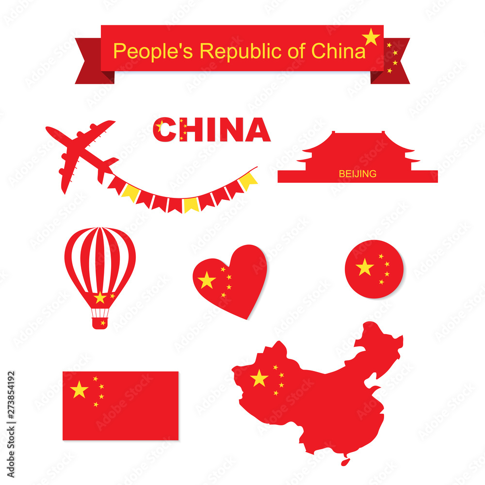China vector set. Flag and map icons isolated on white. Peoples ...