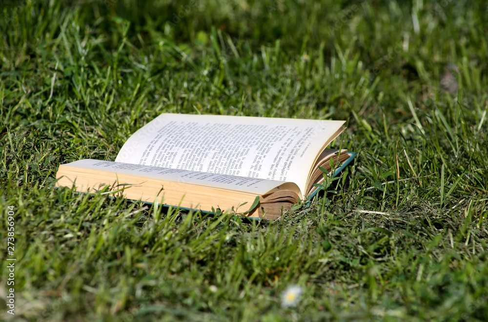 Open book on green grass in park beautiful natural environment, close ...