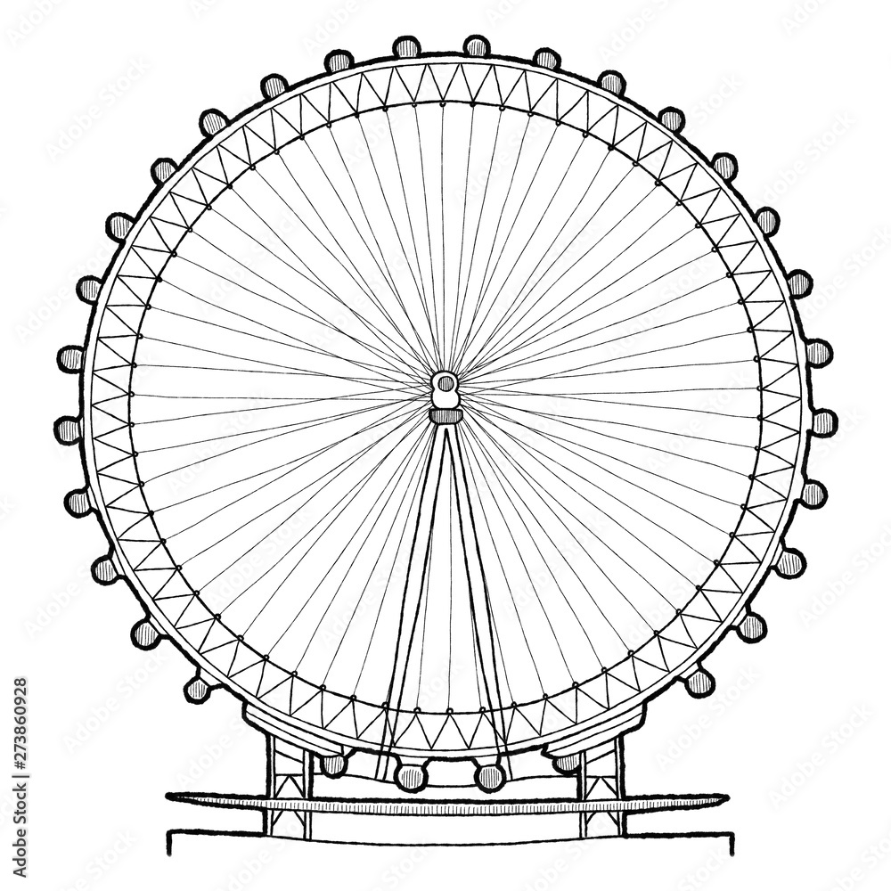 London Eye, Lambeth, London: Vector Illustration Hand Drawn Landmark ...