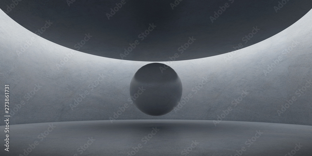 Abstract of concrete space and sphere with sun light cast the round ...