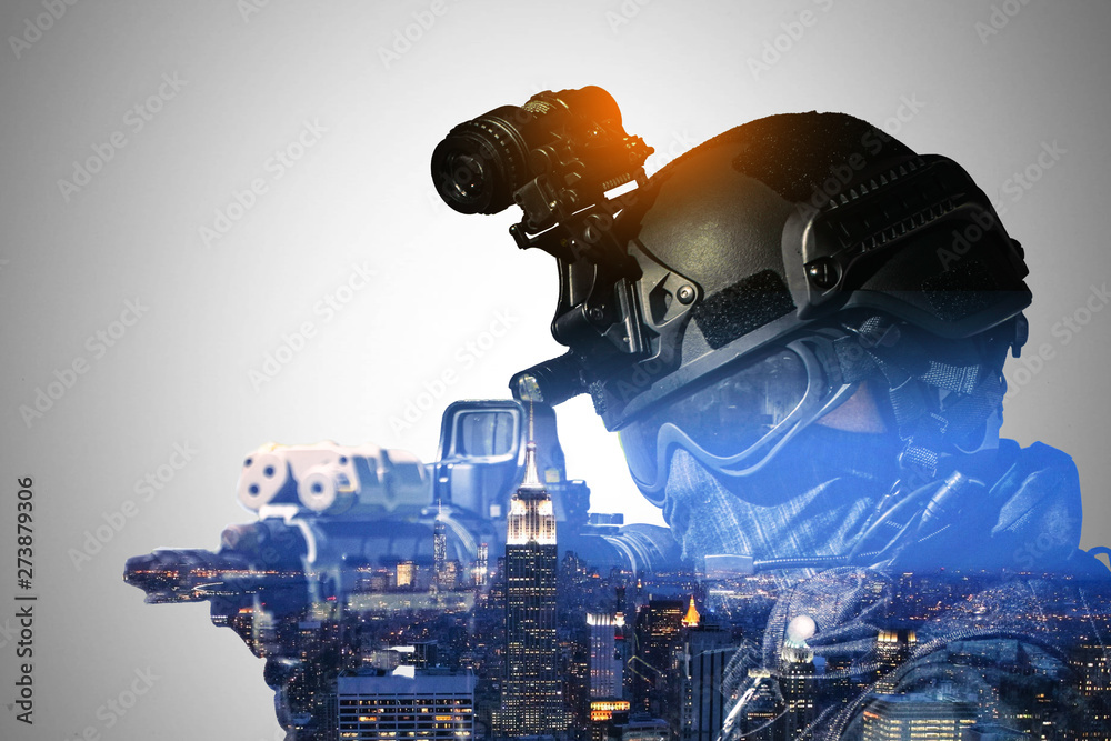 Special forces soldier with rifle. SWAT team members , double exposure ...