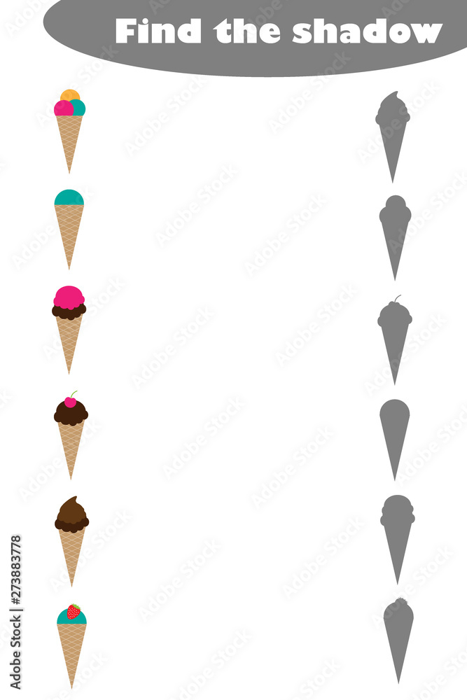 Find the shadow, game with ice cream for children in cartoon style ...