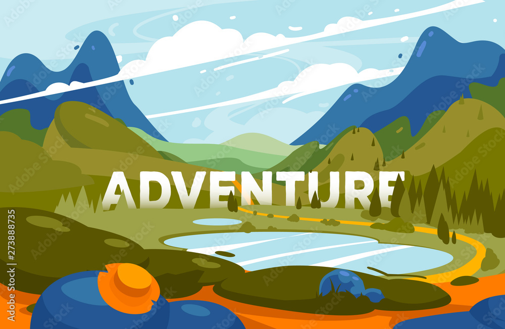 Adventure illustration in the mountains, travel on hiking trails ...