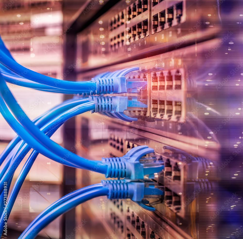 Server rack with blue and red internet patch cord cables connected to black patch panel in data ...