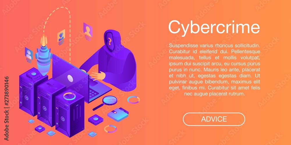 Cybercrime concept banner. Isometric illustration of cybercrime vector ...
