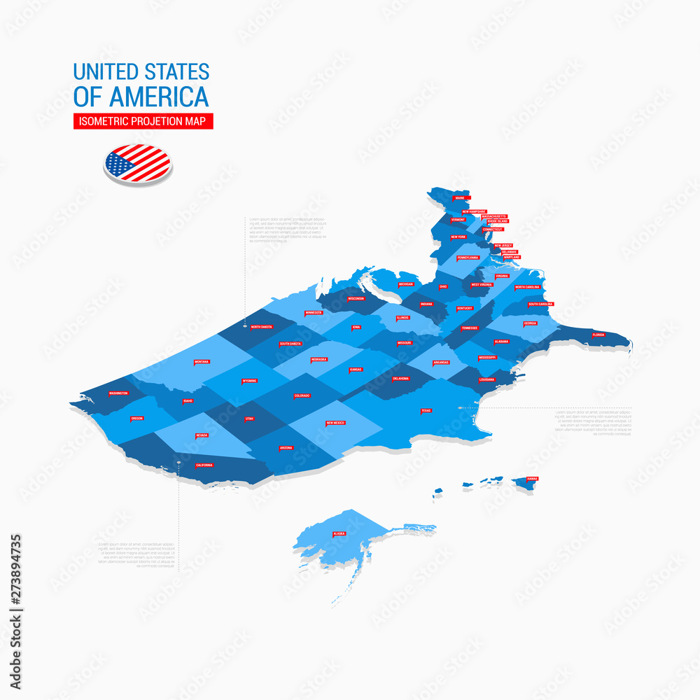 United States of America USA Isometric Map Projection Template Stock ...