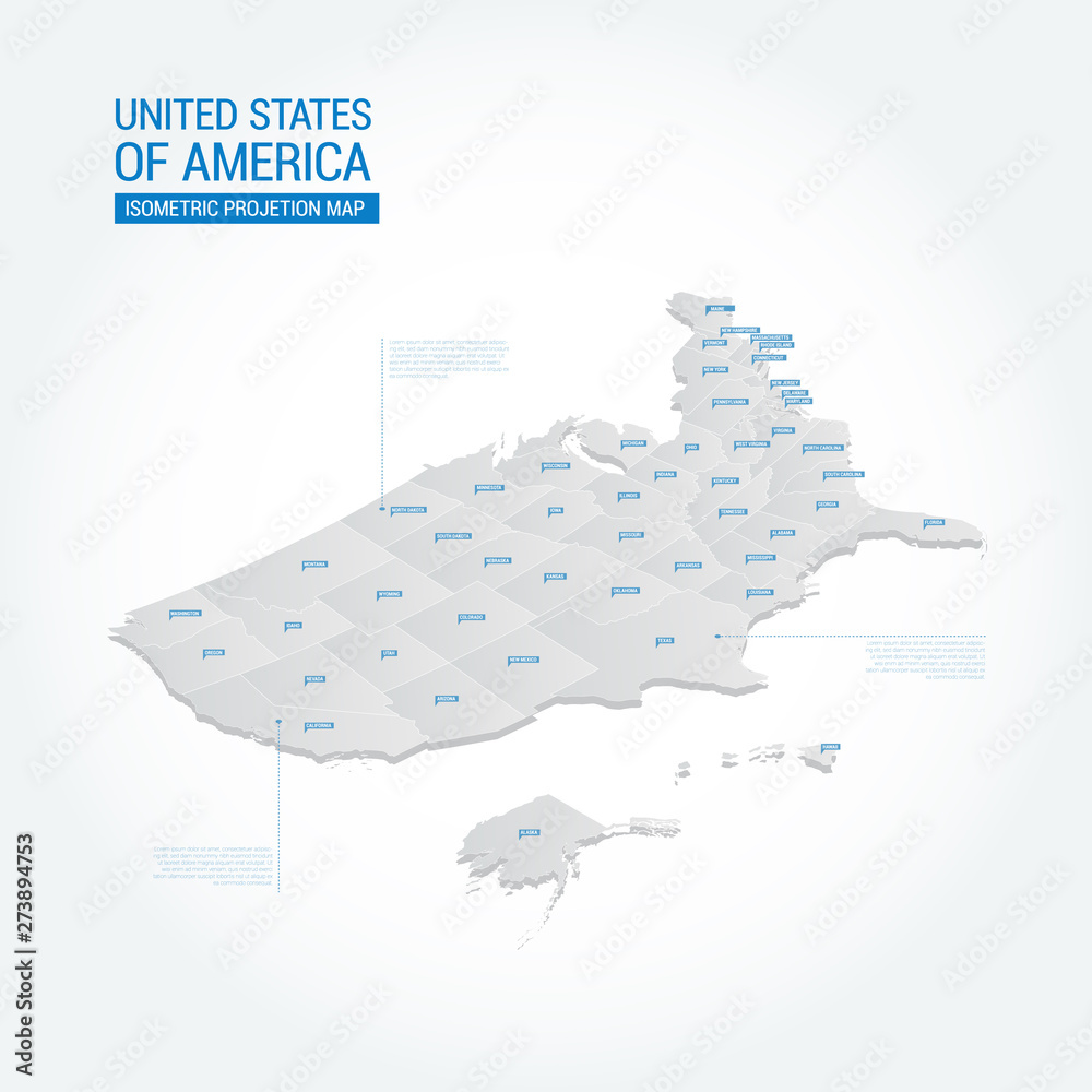 United States of America USA Isometric Map Projection Template Stock ...