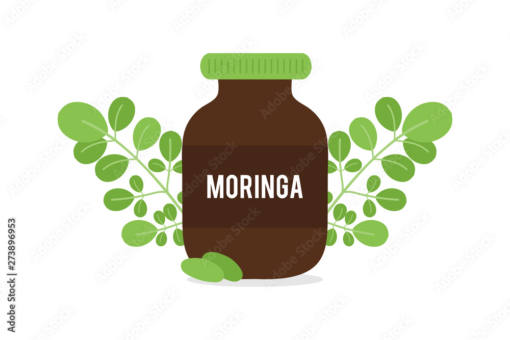 Bottle, package of moringa oleifera food supplement, pills and moringa ...