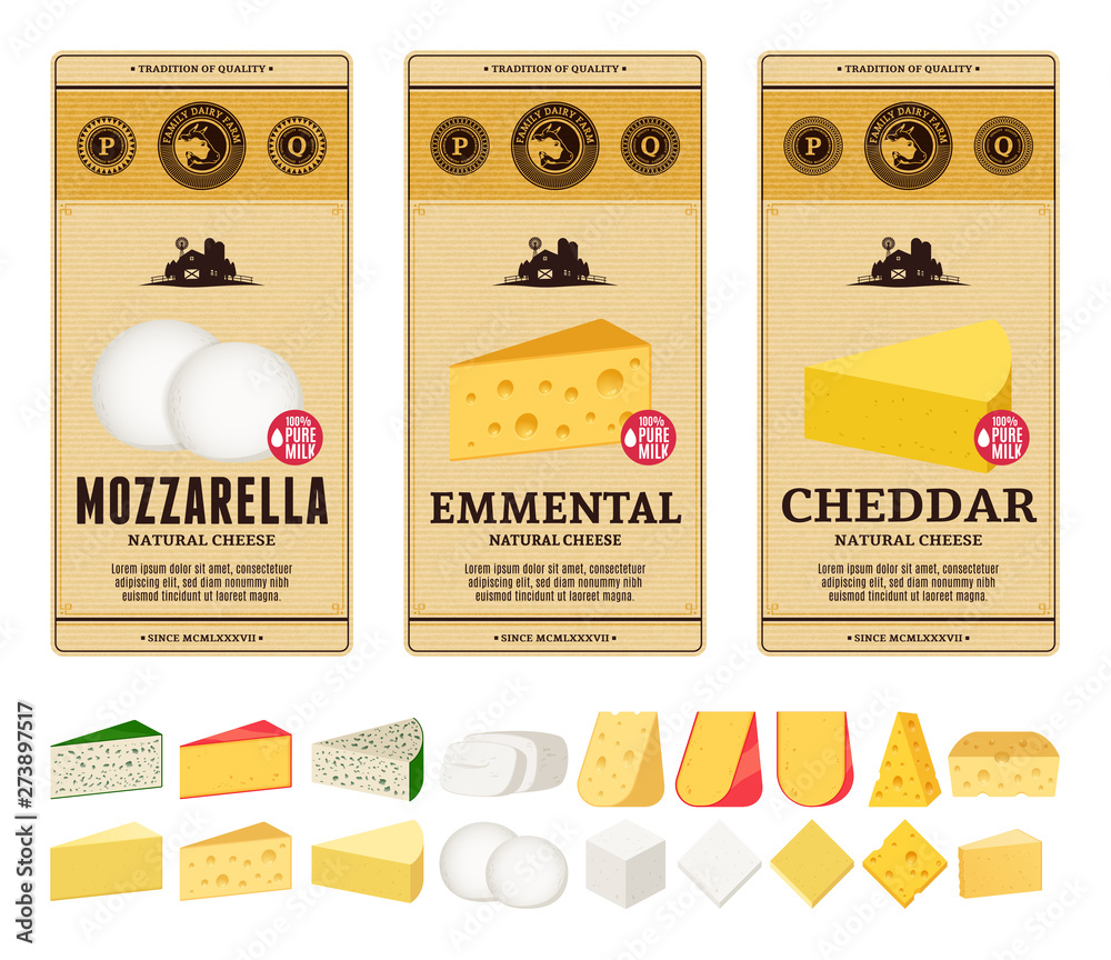 Vector vintage cheese labels and different types of cheese detailed ...