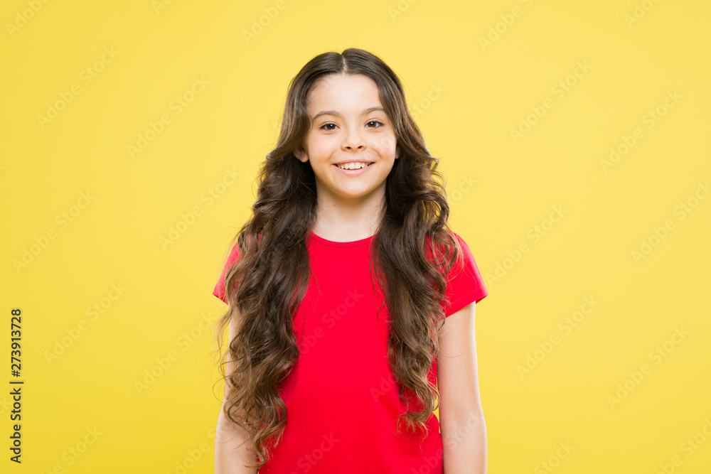Little girl grow long hair. Teen fashion model. Styling curly hair ...